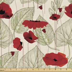 ambesonne poppy flower fabric by the yard, sketchy tree leaves rural floral growth botany nature inspired, decorative fabric for upholstery and home accents, 5 yards, fern green