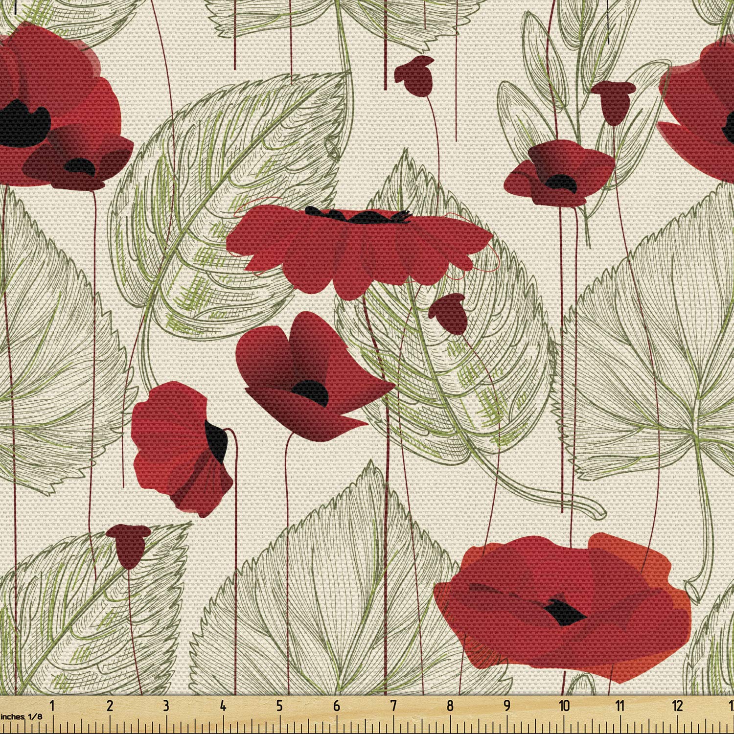 Ambesonne Poppy Flower Fabric by The Yard, Sketchy Tree Leaves Rural Floral Growth Botany Nature Inspired, Decorative Fabric for Upholstery and Home Accents, 5 Yards, Fern Green