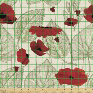 Ambesonne Poppy Flower Fabric by The Yard, Sketchy Tree Leaves Rural Floral Growth Botany Nature Inspired, Decorative Fabric for Upholstery and Home Accents, 5 Yards, Fern Green