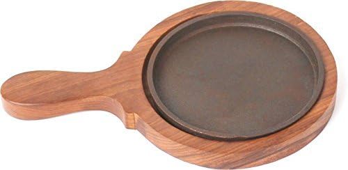 Sahishnu Online And Marketing Fajita Plate Set, Round Sizzling Brownie Sizzler Plate/Tray with Wooden Base Round Handle