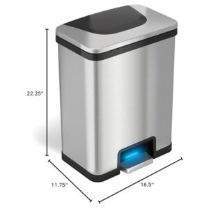 iTouchless AutoStep Step Sensor Trash Can with Odor Filter System, 13 Gallon, Kitchen Garbage Bin, Stainless Steel (No AC Adapter, Power by Batteries not Included)