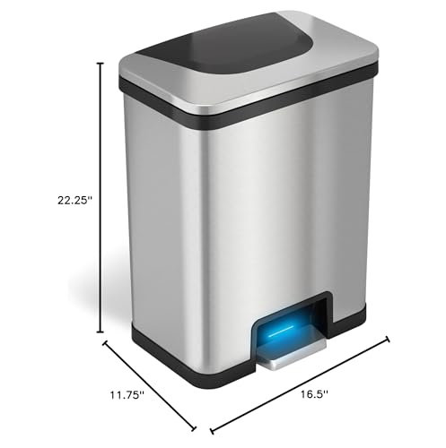 iTouchless AutoStep Step Sensor Trash Can with Odor Filter System, 13 Gallon, Kitchen Garbage Bin, Stainless Steel (No AC Adapter, Power by Batteries not Included)