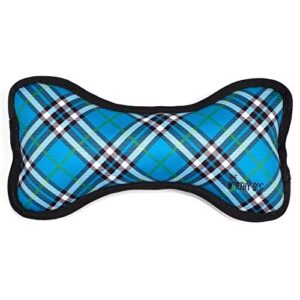 dog toy bone shapped with squeakers - color - blue plaid - size small 6 inches - strudy fetch dog toy great for both indoor and outdoor use- storng safe and easy to use