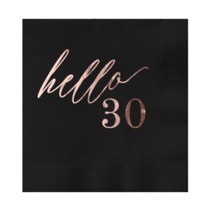 birthday black beverage cocktail party napkins 25 pack with rose gold foil printing 4.75 x 4.75 paper frenzy, hello 30