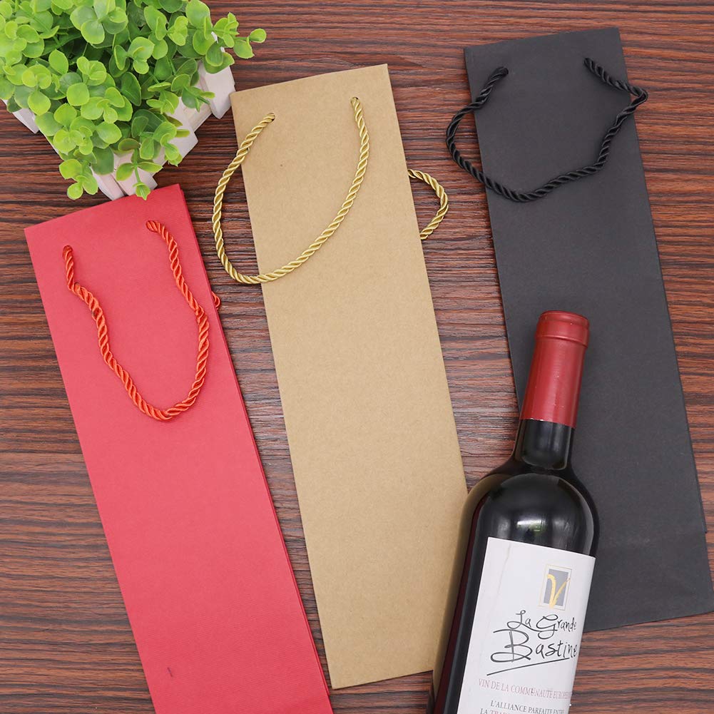 HRX Package Sturdy Kraft Paper Single Bottle Wine Gift Bags, 12PCS Quality Paper Wine Tote Bags with Handles for Christmas, Party, Shopping, Retail Merchandise (Black)