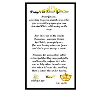 gifts by lulee, llc saint genesius patron of actors comedians dancers performers and clowns blessed laminated italian holy card with gold accents