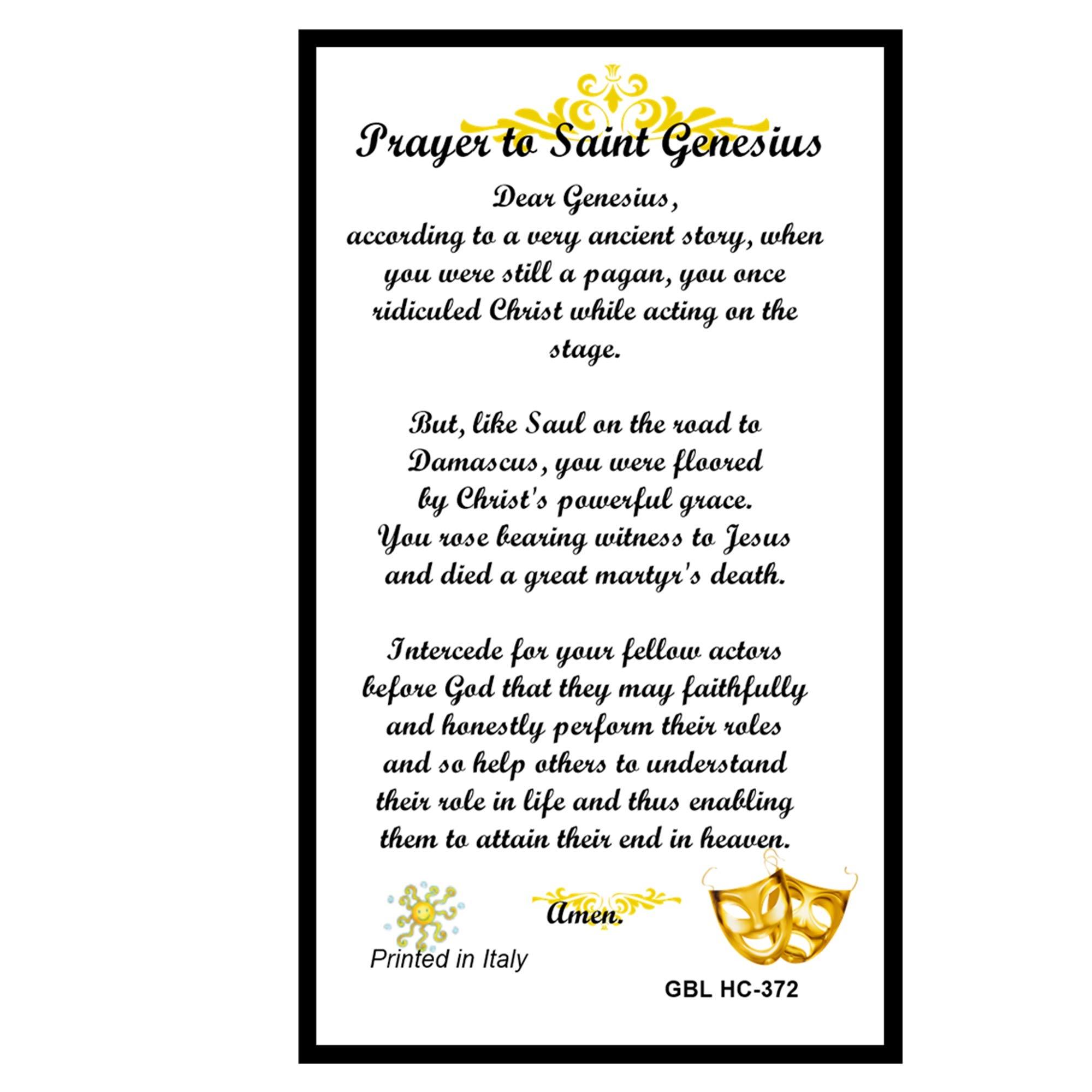 Gifts by Lulee, LLC Saint Genesius Patron of Actors Comedians Dancers Performers and Clowns Blessed Laminated Italian Holy card with Gold Accents