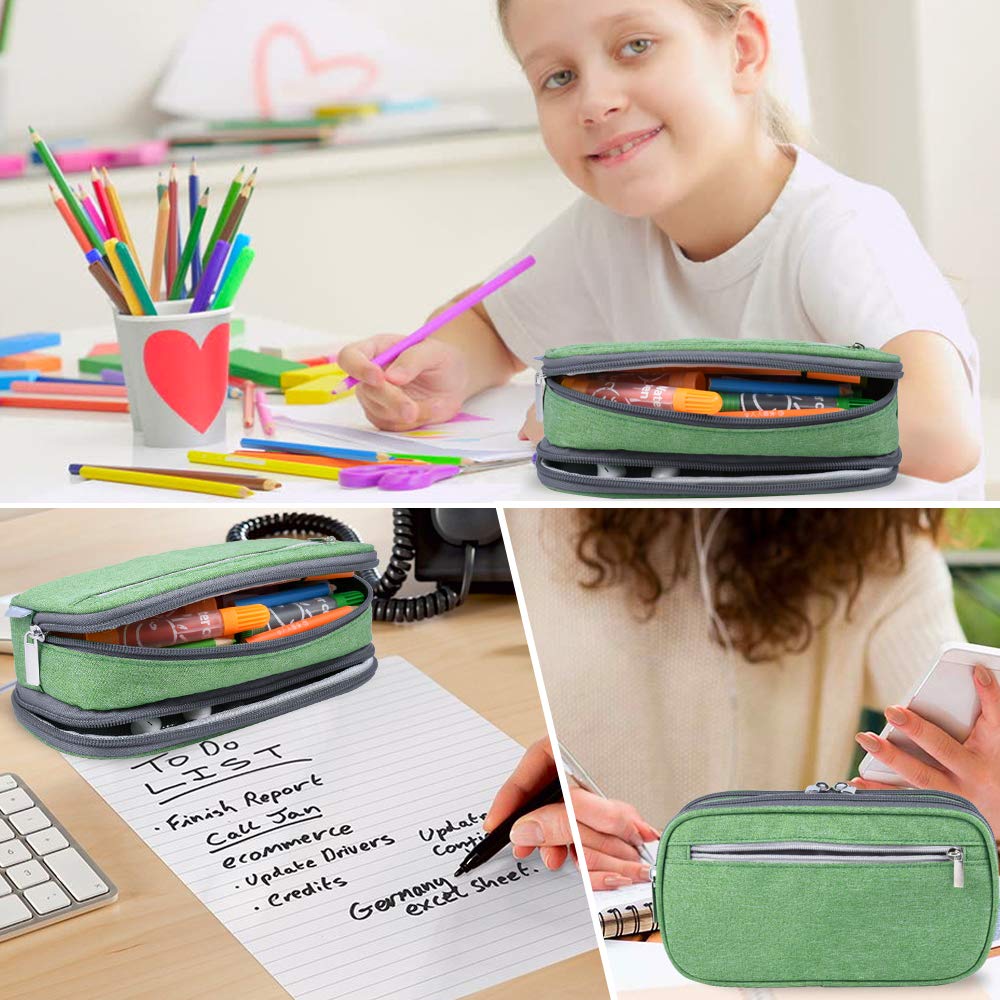 YONZONE Big Pencil Case Large Capacity Pencil Bag Pouch Pencil Pen Case Holder Marker with 3 Compartments for Office Desk Supplies Organizer Storage Makeup Bag, Green