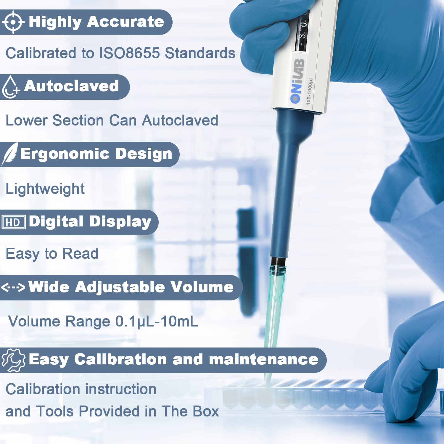 ONiLAB 100-1000ul High-Accurate Pipettor Single-Channel Manual Adjustable Variable Volume Pipettes, 7010101014