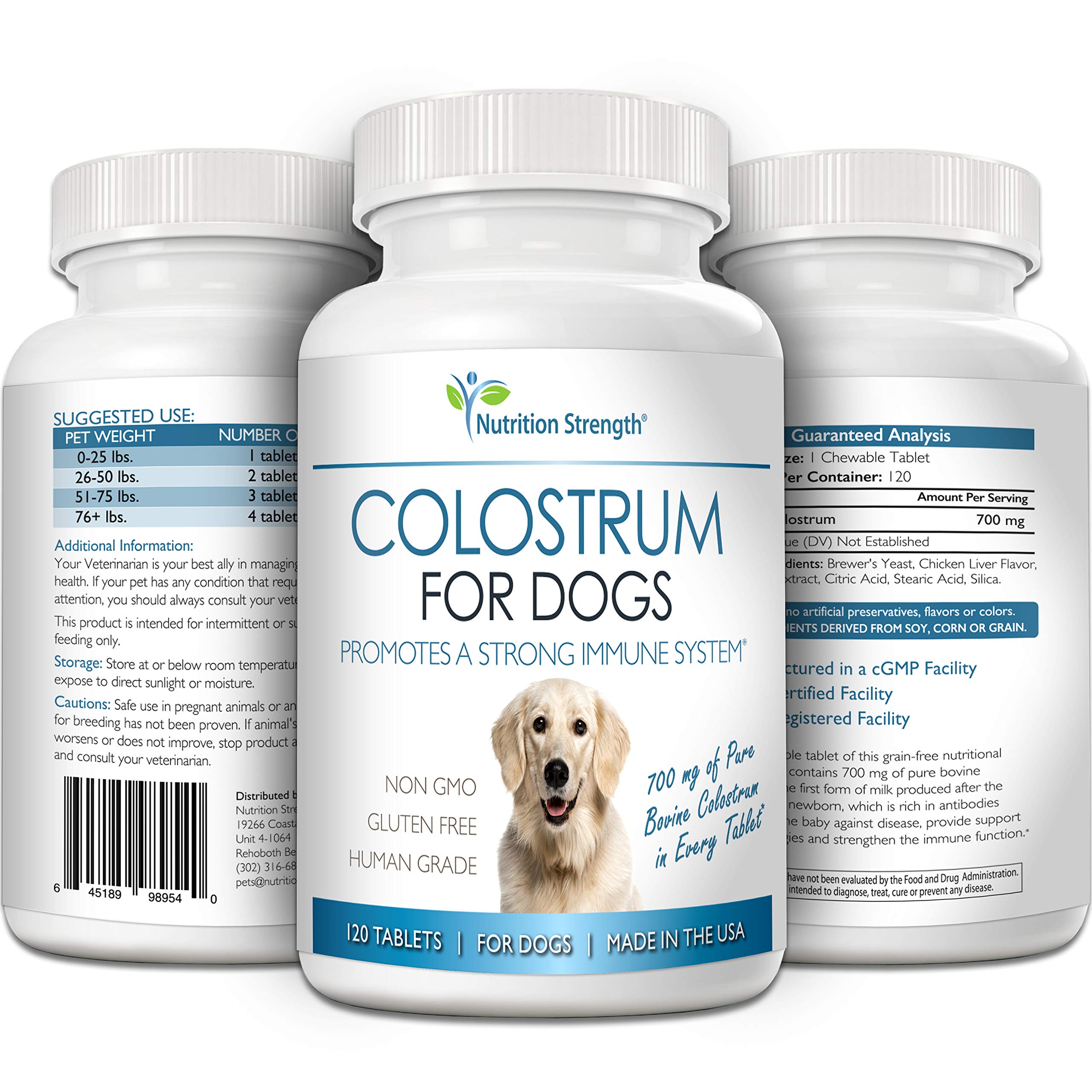 Nutrition Strength Pure Bovine Colostrum for Dogs Supplement, Rich in Antibodies to Protect Against Disease, Support for Immune Function, Digestive System, 120 Chewable Tablets