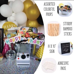 Birthday Photo Booth Props - 41-pc Photo Prop Kit with 8 x 10-Inch Sign, 60 Adhesive Pads, 45 Sticks - Birthday Photo Props - Birthday Props for Photo Booth