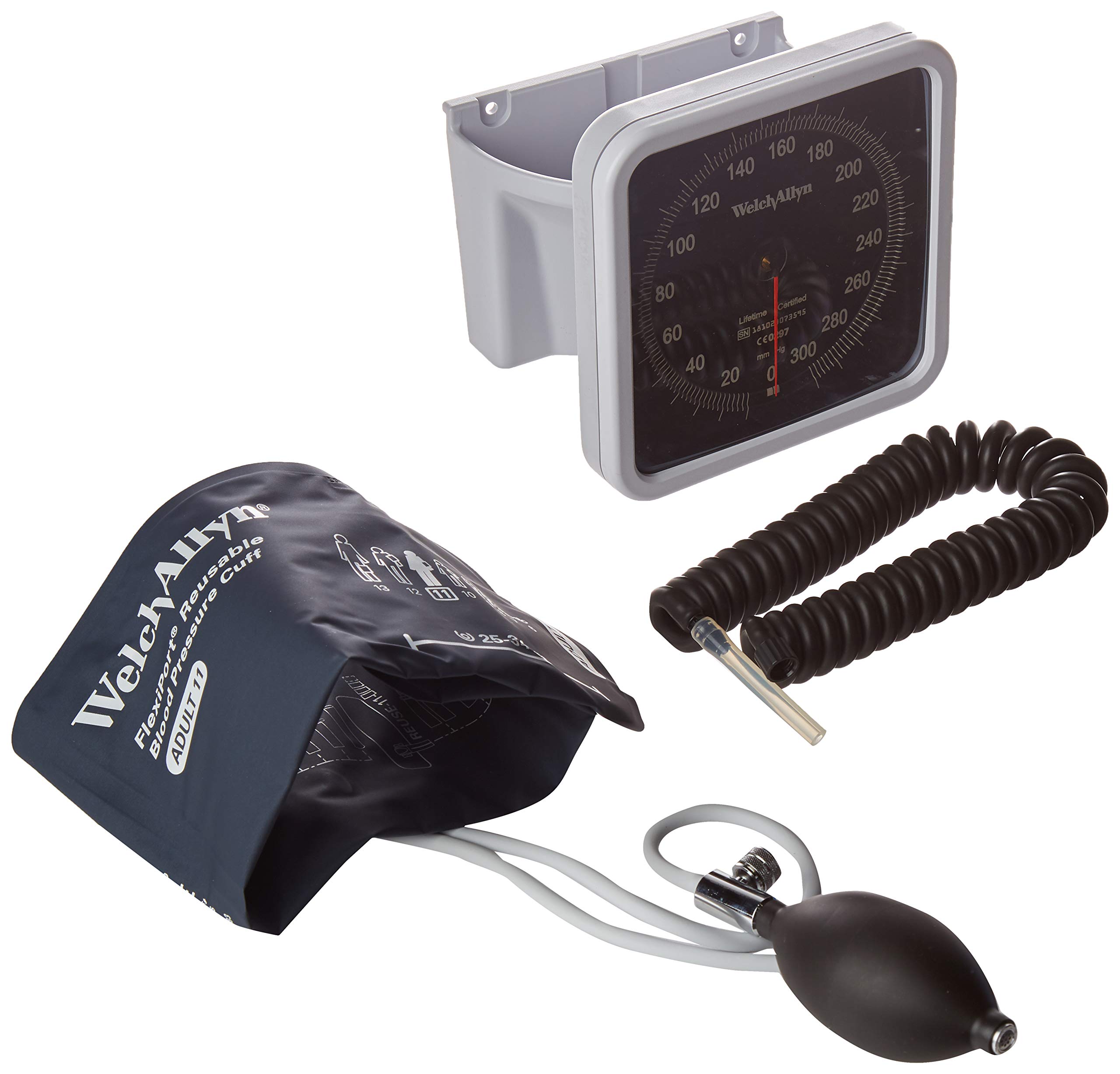 Welch Allyn 7670-01 Wall Aneroid Sphygmomanometer with Size-11 Adult, FlexiPort Reusable, 2-Tube Cuff; Premium Inflation Bulb and Valve, Coiled Tube