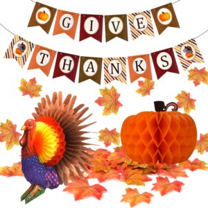 fepito give thanks banner with paper colorful turkey pumpkin artificial maple leaves decoration kit total 203 pcs for autumn fall party thanksgiving day party supplies decorations