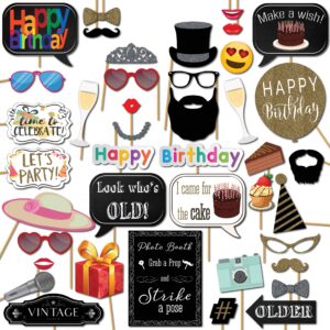 birthday photo booth props - 41-pc photo prop kit with 8 x 10-inch sign, 60 adhesive pads, 45 sticks - birthday photo props - birthday props for photo booth