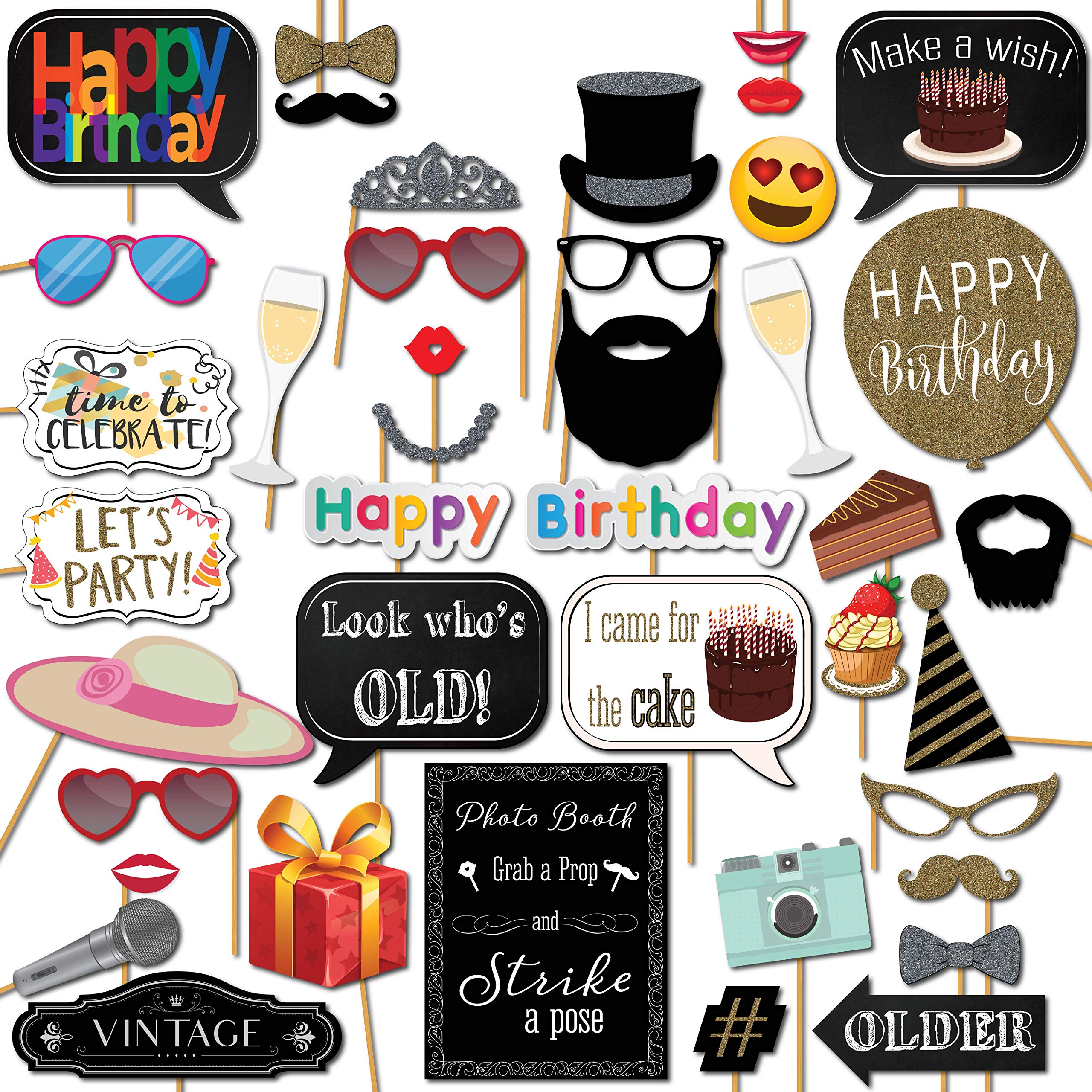 Birthday Photo Booth Props - 41-pc Photo Prop Kit with 8 x 10-Inch Sign, 60 Adhesive Pads, 45 Sticks - Birthday Photo Props - Birthday Props for Photo Booth