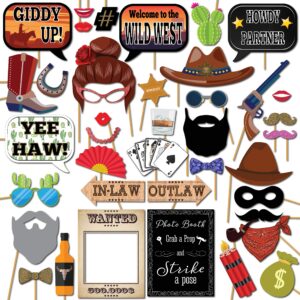 western photo booth props - 41-pc photo prop kit with 8 x 10-inch sign, 60 adhesive pads, 45 sticks - photo booth props country theme - wild west photo props