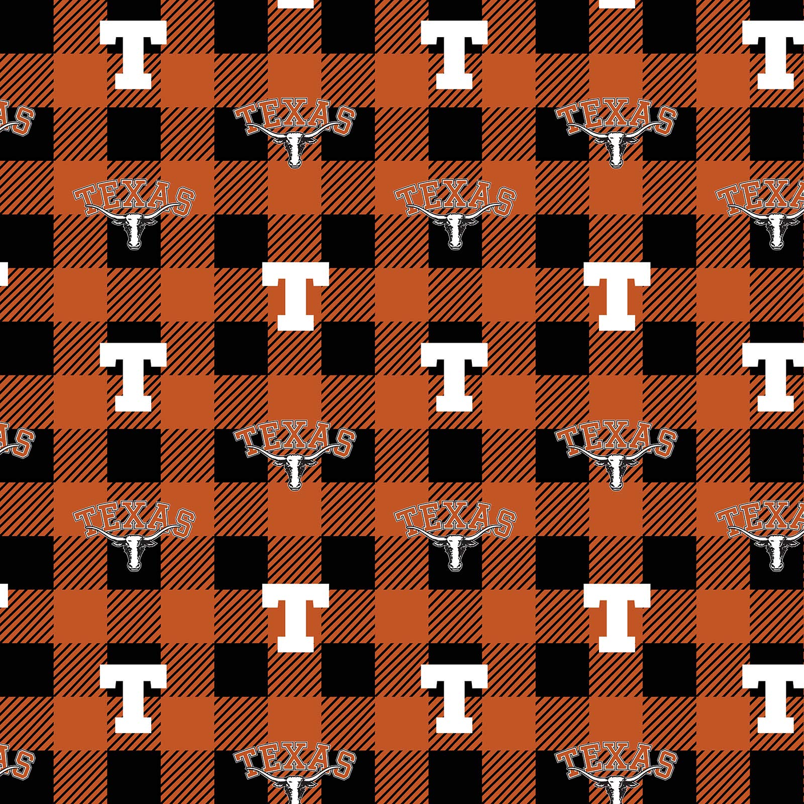 SYKEL ENTERPRISES University of Texas Fleece Blanket Fabric-Texas Longhorns Fleece Fabric with Buffalo Plaid Design