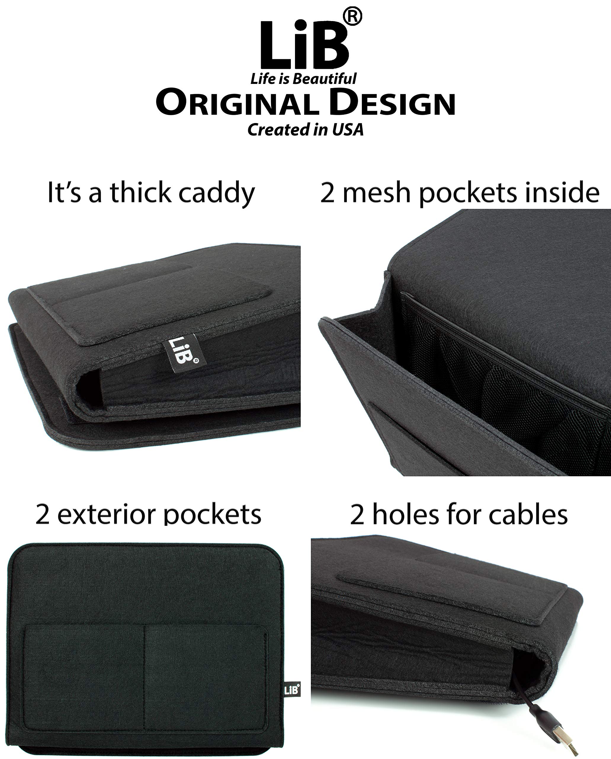 Lib Bedside Caddy, Original Design | Large Size 9.5" x 13.5" | Laptop Holder | 100% Handmade | College Room, Kids Bunk Bed, Hospital Bed | Night Hanging Storage Organizer (Black)