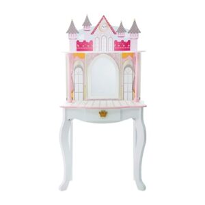 teamson kids dreamland princess play vanity set with mirror, shelf, storage drawer, stool, and accessories for 12" dolls, white an pink