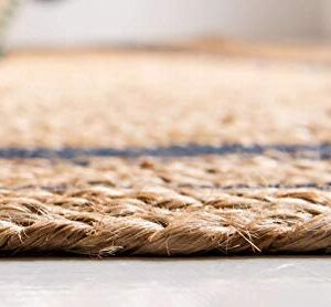 Unique Loom Braided Jute Collection Classic Quality Made Hand Woven with Coastal Design Area Rug, 6 ft x 9 ft, Natural/Navy Blue