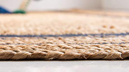 Unique Loom Braided Jute Collection Classic Quality Made Hand Woven with Coastal Design Area Rug, 6 ft x 9 ft, Natural/Navy Blue