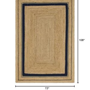 Unique Loom Braided Jute Collection Classic Quality Made Hand Woven with Coastal Design Area Rug, 6 ft x 9 ft, Natural/Navy Blue