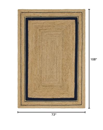 Unique Loom Braided Jute Collection Classic Quality Made Hand Woven with Coastal Design Area Rug, 6 ft x 9 ft, Natural/Navy Blue