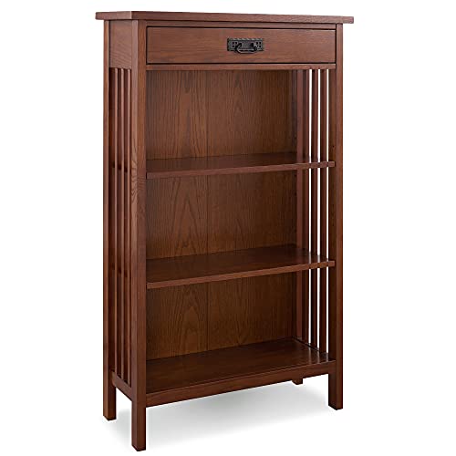 Leick Home 82262 Mission Mantel Height Bookcase with Slatted Sides and Top Drawer, Made with Solid Wood, for Living Rooms, Mission Oak Finish, Brownbronze