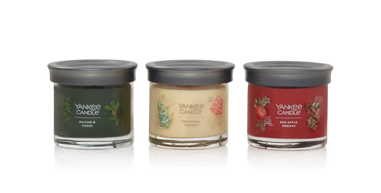 Yankee Candle 3 Small Tumblers Holiday Gift Box - Balsam & Cedar, Christmas Cookie, and Red Apple Wreath