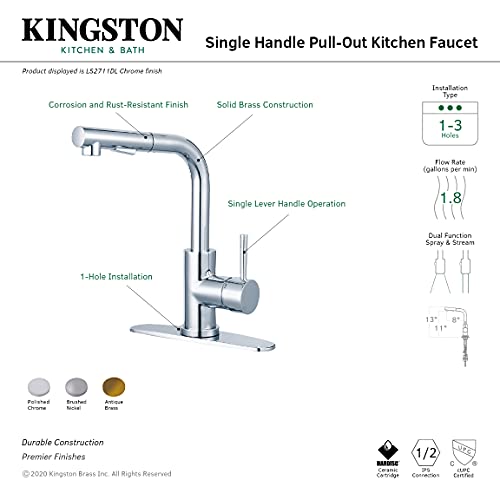 Kingston Brass LS2711DL Concord Pull-Out Sprayer Kitchen Faucet, Polished Chrome, 12.69 x 9.81 x 7.94