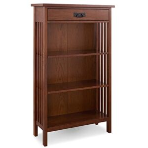 leick home 82262 mission mantel height bookcase with slatted sides and top drawer, made with solid wood, for living rooms, mission oak finish, brownbronze