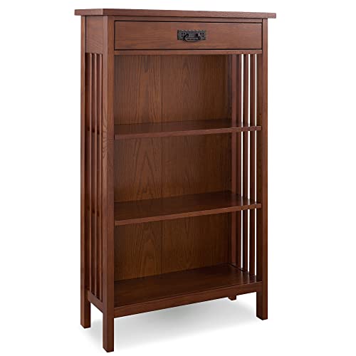 Leick Home 82262 Mission Mantel Height Bookcase with Slatted Sides and Top Drawer, Made with Solid Wood, for Living Rooms, Mission Oak Finish, Brownbronze