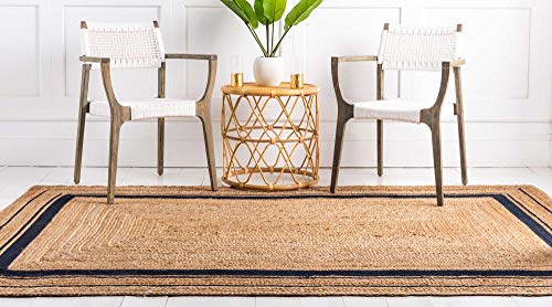 Unique Loom Braided Jute Collection Classic Quality Made Hand Woven with Coastal Design Area Rug, 6 ft x 9 ft, Natural/Navy Blue