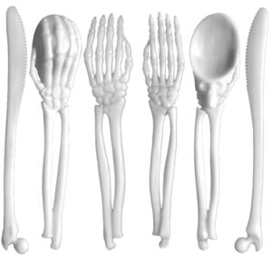 skeleton shaped plastic silverware set plasticware: reusable, dishwasher safe, non toxic, heavy duty forks spoons & knives (place setting for 6-18pcs total)