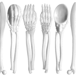 Skeleton Shaped Plastic Silverware Set Plasticware: Reusable, Dishwasher Safe, Non Toxic, Heavy Duty Forks Spoons & Knives (Place Setting for 6-18pcs Total)