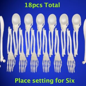 Skeleton Shaped Plastic Silverware Set Plasticware: Reusable, Dishwasher Safe, Non Toxic, Heavy Duty Forks Spoons & Knives (Place Setting for 6-18pcs Total)