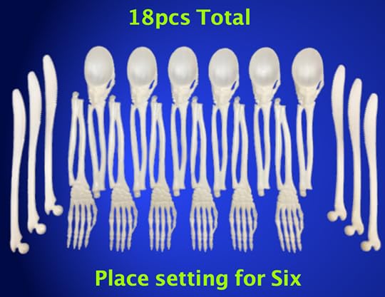 Skeleton Shaped Plastic Silverware Set Plasticware: Reusable, Dishwasher Safe, Non Toxic, Heavy Duty Forks Spoons & Knives (Place Setting for 6-18pcs Total)