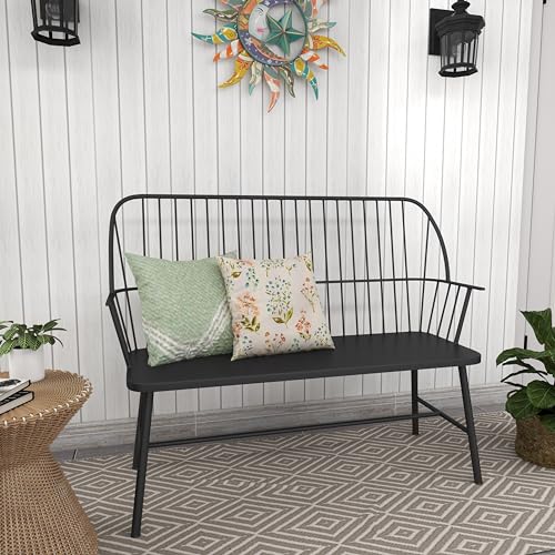 Deco 79 86945 Metal Outdoor Grill Style High Back Frame Patio Trestle Legs and Armrests, Bench 48" x 19" x 38", Black