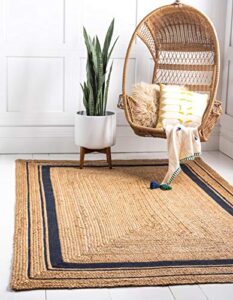 unique loom braided jute collection classic quality made hand woven with coastal design area rug, 6 ft x 9 ft, natural/navy blue