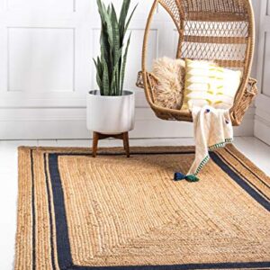 Unique Loom Braided Jute Collection Classic Quality Made Hand Woven with Coastal Design Area Rug, 6 ft x 9 ft, Natural/Navy Blue