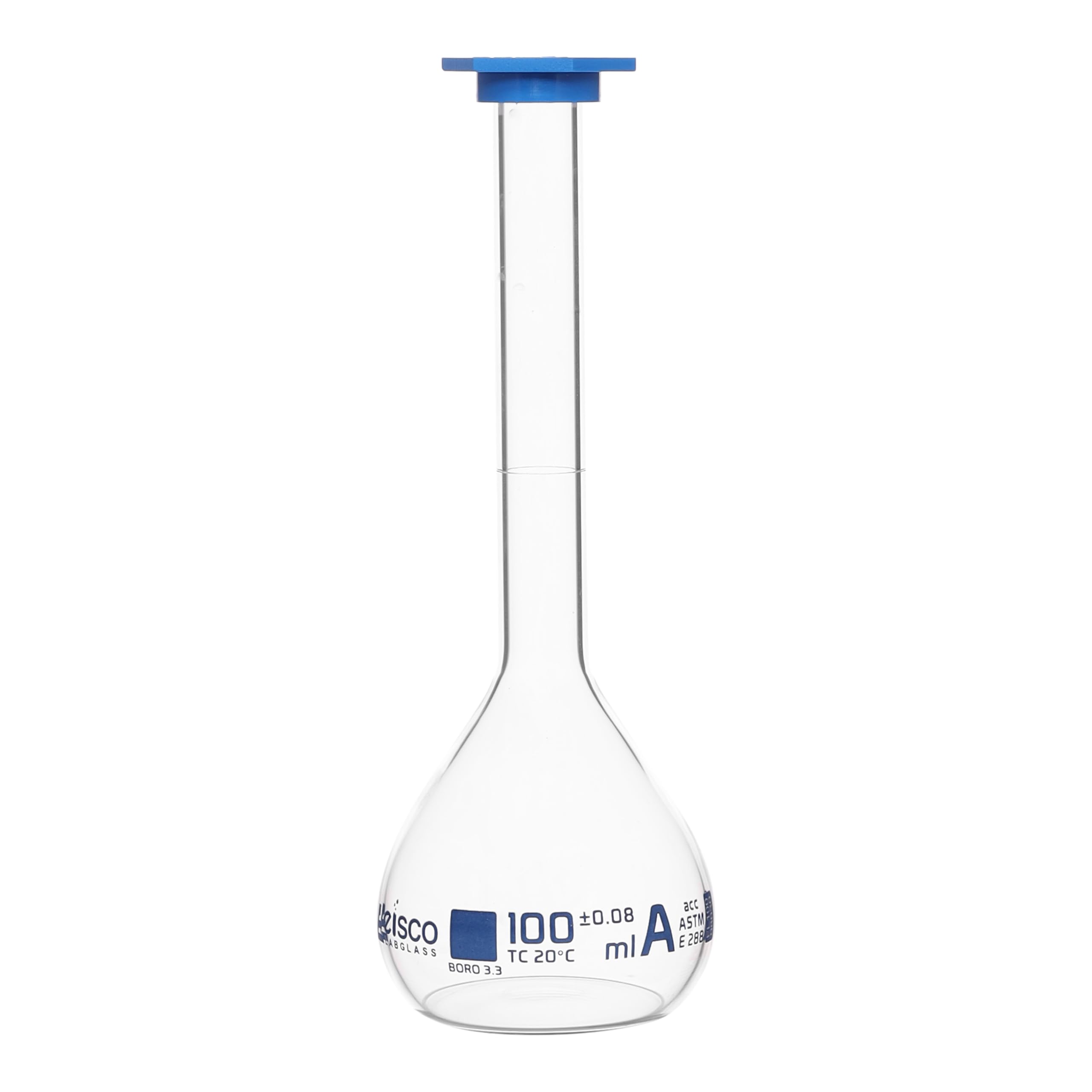 EISCO Volumetric Flask, 100ml - Class A, ASTM - Snap Cap - Blue Graduation Mark, Tolerance ±0.080ml - Borosilicate Glass