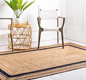 Unique Loom Braided Jute Collection Classic Quality Made Hand Woven with Coastal Design Area Rug, 6 ft x 9 ft, Natural/Navy Blue