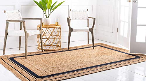 Unique Loom Braided Jute Collection Classic Quality Made Hand Woven with Coastal Design Area Rug, 6 ft x 9 ft, Natural/Navy Blue