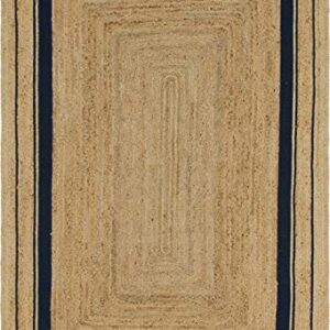 Unique Loom Braided Jute Collection Classic Quality Made Hand Woven with Coastal Design Area Rug, 6 ft x 9 ft, Natural/Navy Blue