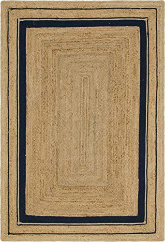 Unique Loom Braided Jute Collection Classic Quality Made Hand Woven with Coastal Design Area Rug, 6 ft x 9 ft, Natural/Navy Blue