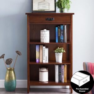 Leick Home 82262 Mission Mantel Height Bookcase with Slatted Sides and Top Drawer, Made with Solid Wood, for Living Rooms, Mission Oak Finish, Brownbronze