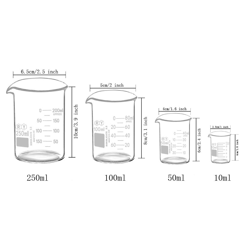 Glass Beakers Set Borosilicate Graduated Measuring Low Form Glass Beaker 4 Sizes 10ml 50ml 100ml 250ml