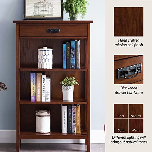 Leick Home 82262 Mission Mantel Height Bookcase with Slatted Sides and Top Drawer, Made with Solid Wood, for Living Rooms, Mission Oak Finish, Brownbronze