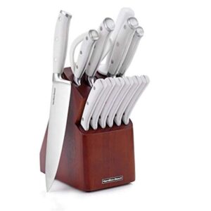 hamilton beach 14-piece kitchen knife cutlery set with wood block, modern white handles, sharp stainless steel, chef's, santoku, carving, utility, paring, steak knives, and scissors