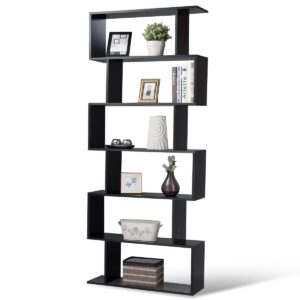 tangkula 6-tier geometric bookcase, modern s-shaped storage display bookshelf for living room, anti-toppling device, home office wooden 6 shelf open bookcase (1, black)